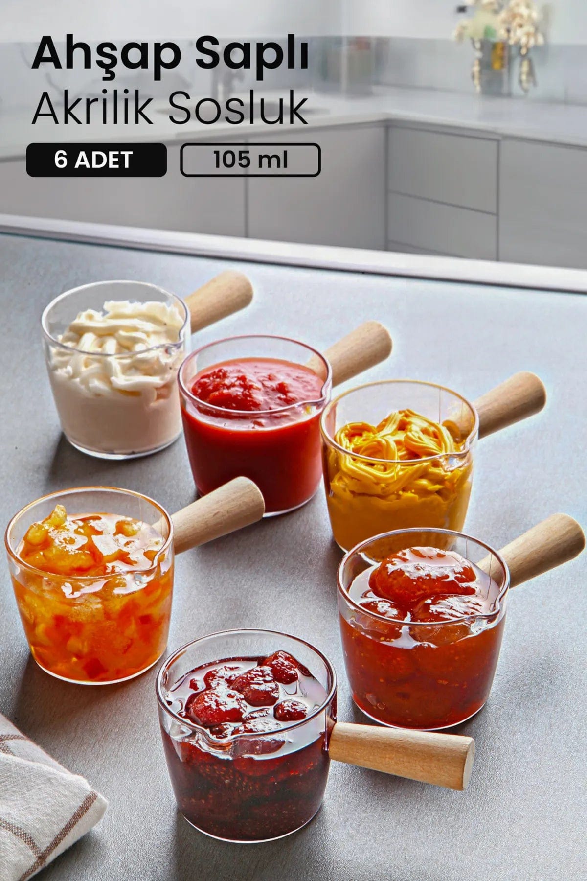6lı Ahşap Saplı Mika Reçellik Sosluk Sofra Sunum Kahvaltı Seti - 80 ml ...