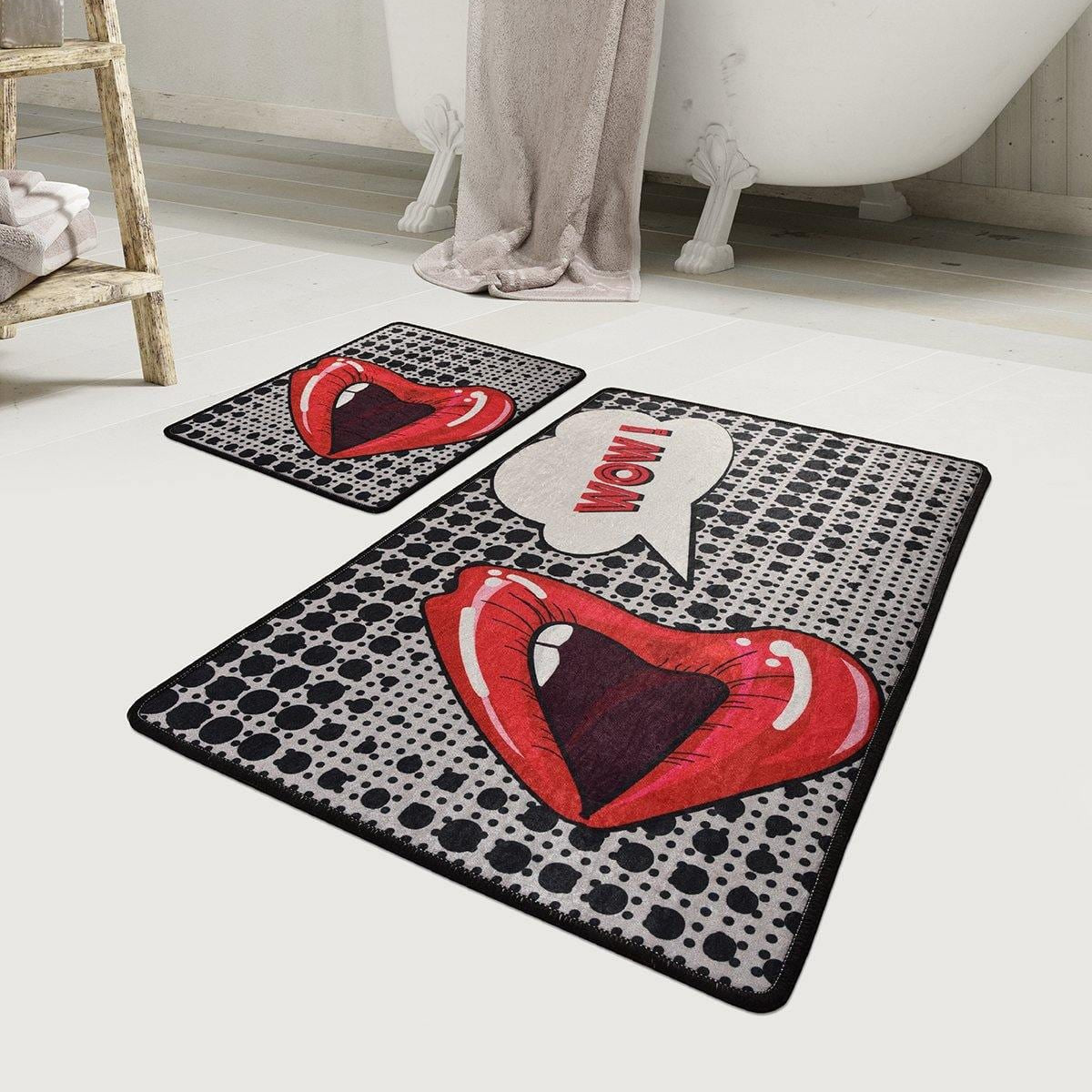 Kiss Digital Printed 2-Piece Bathroom Rug, Non-Slip Base, Washable ...